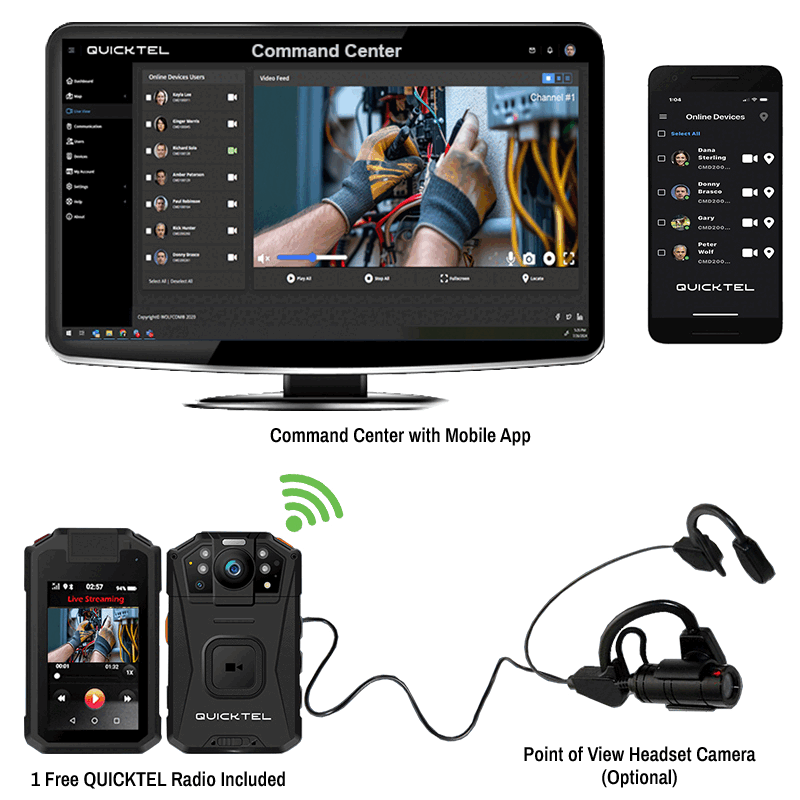 1 Year QUICKTEL Command Center with PTT Walkie Talkie Body Camera with
